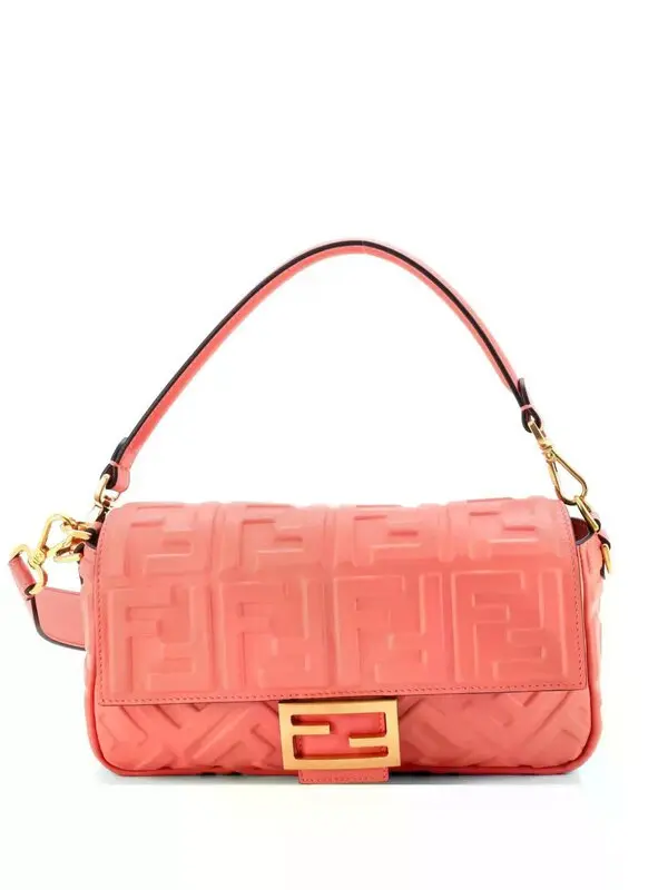 Fendi Baguette Nm Bag Zucca Embossed Leather Medium Crossbody Bag - Pink