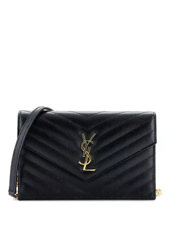 Saint Laurent Classic Monogram Wallet On Chain Matelasse Chevron Leather Small Crossbody Bag - Black