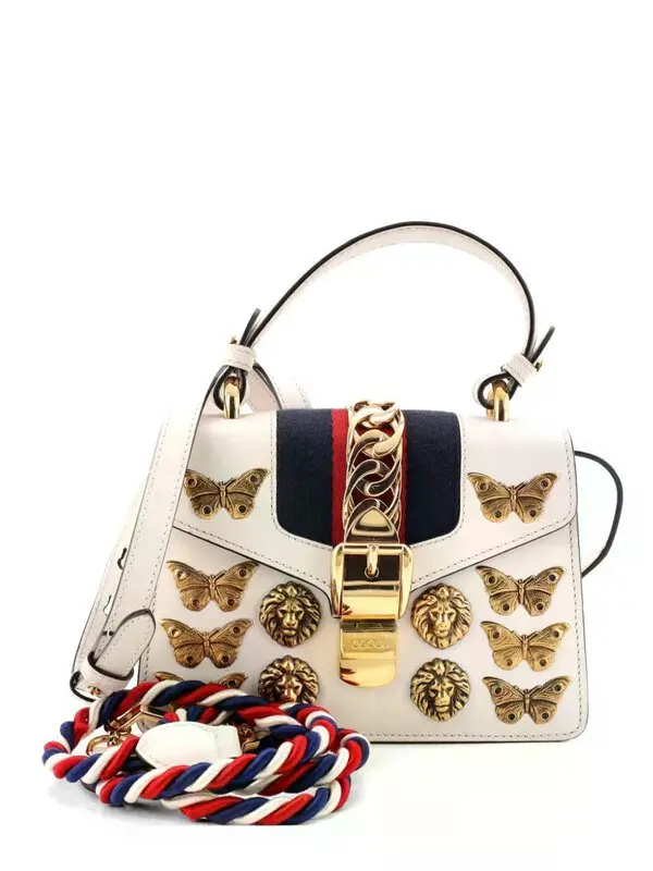 Gucci Sylvie Top Handle Mini Shoulder Bag Embellished Leather - White