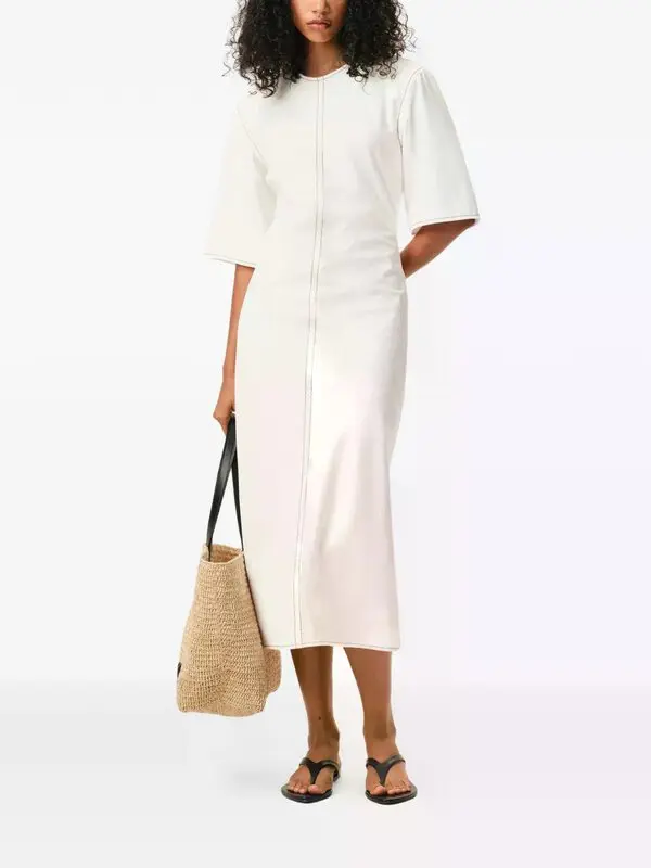 AMI Paris Cotton Long Fitted Dress With Contrast Stitching - Neutrals