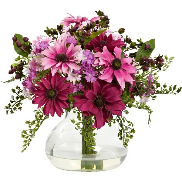 NEARLY NATURAL Mixed Daisy Floral Arrangement With Vase - Pink