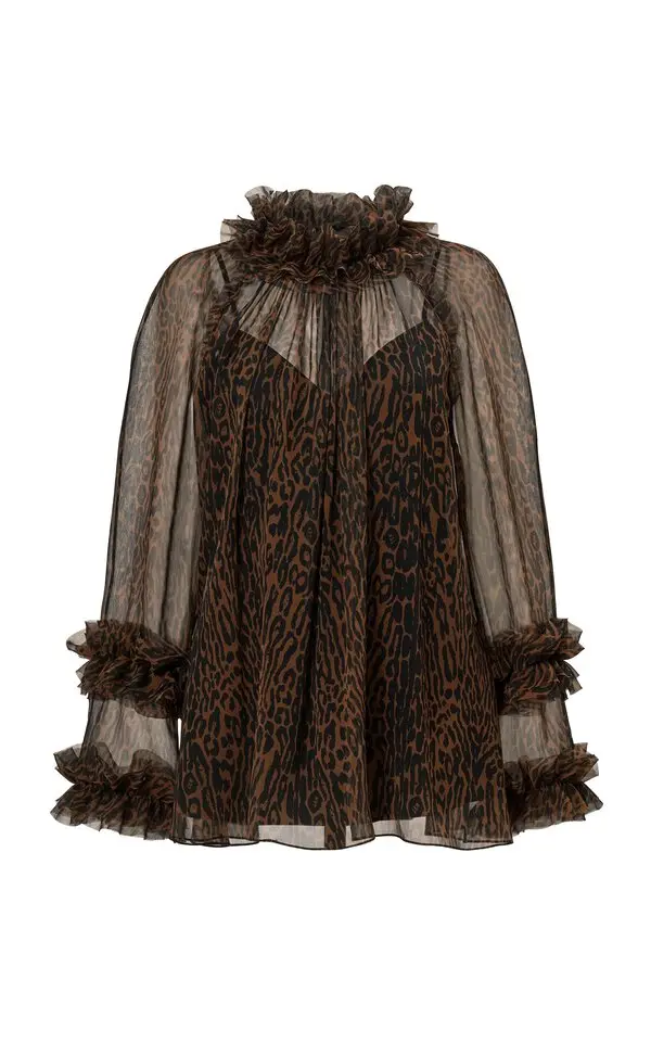 Carolina Herrera Leopard Chiffon Top With Ruffle Trim