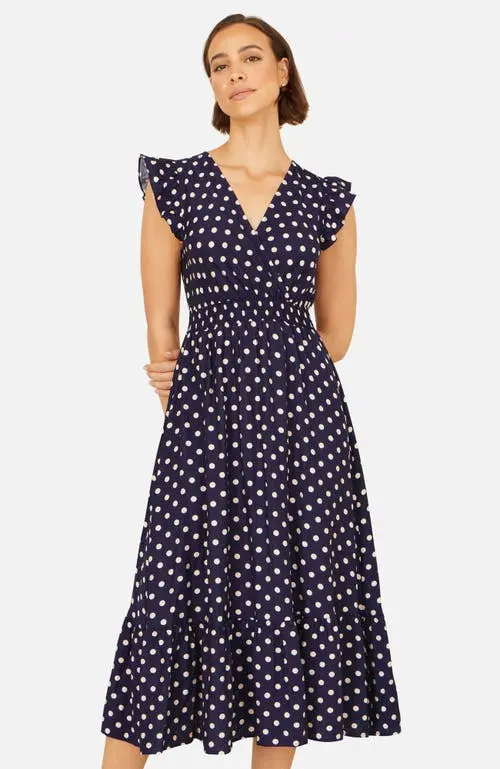 YUMI Spot Ruched Waist Midi Dress - Navy