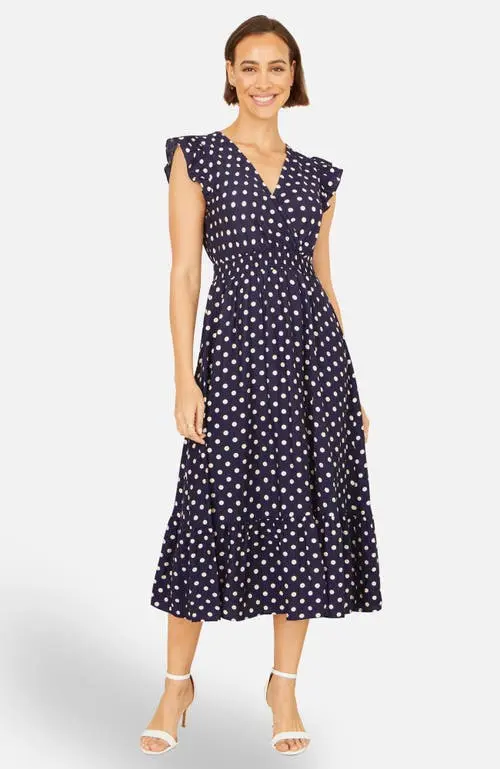 YUMI Spot Ruched Waist Midi Dress