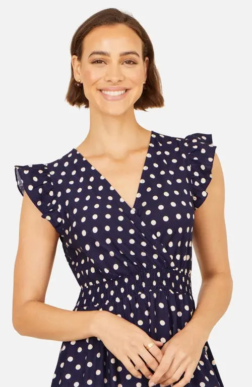 YUMI Spot Ruched Waist Midi Dress