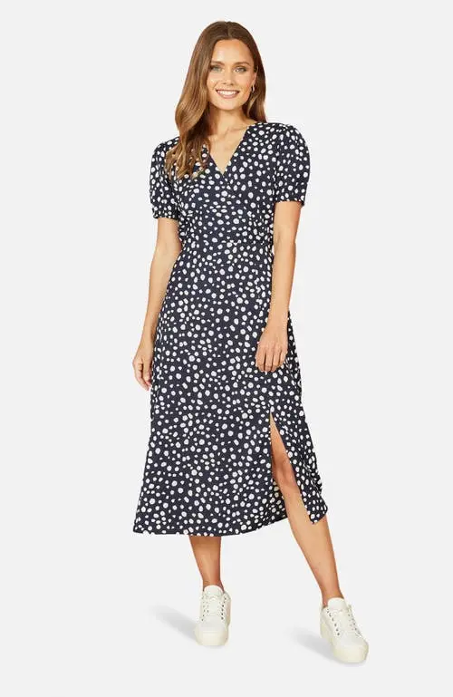 YUMI Spot Print Midi Tea Dress - Navy