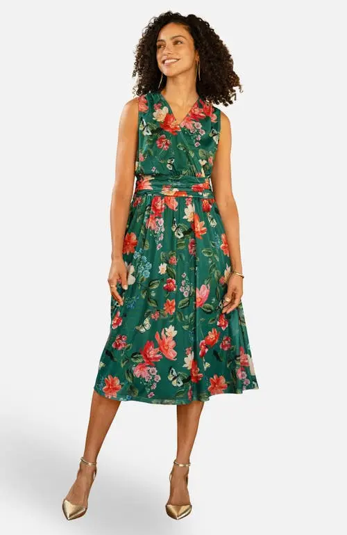 YUMI Floral Print Mesh Stretch Midi Dress - Green