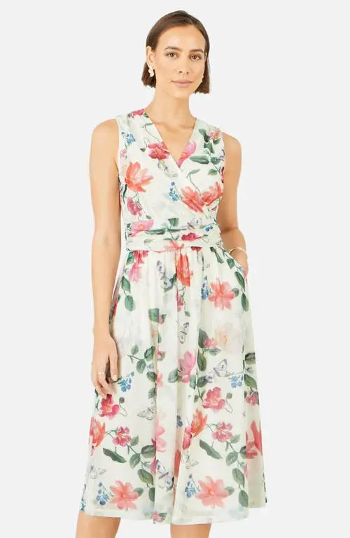 YUMI Floral Print Mesh Stretch Midi Dress - Ivory