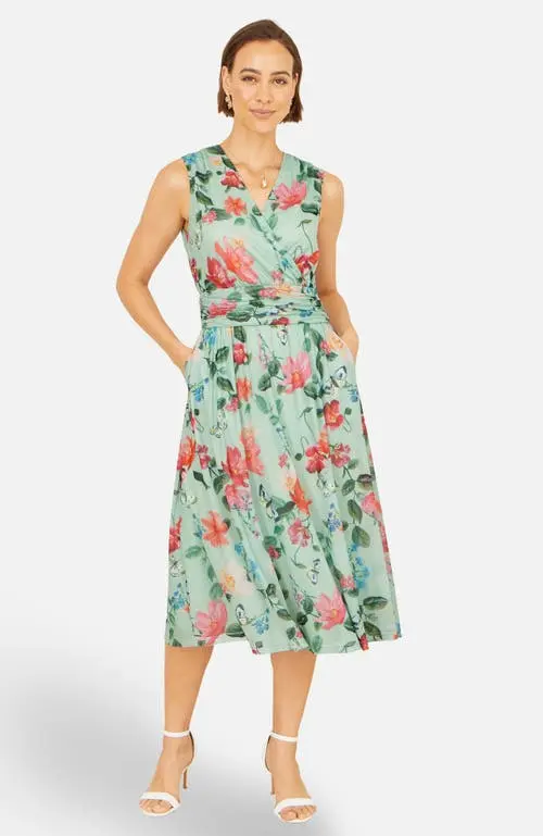 YUMI Floral Print Mesh Stretch Midi Dress - Mint Green