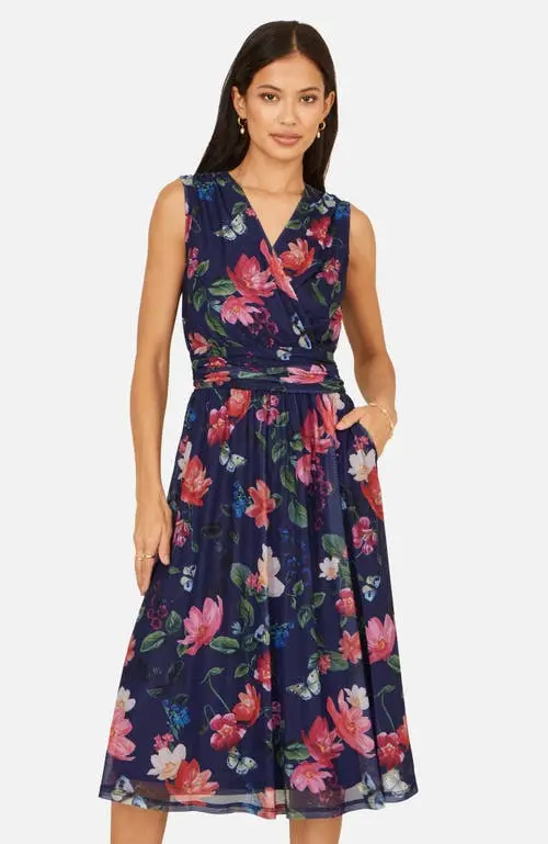 YUMI Floral Print Mesh Stretch Midi Dress - Navy