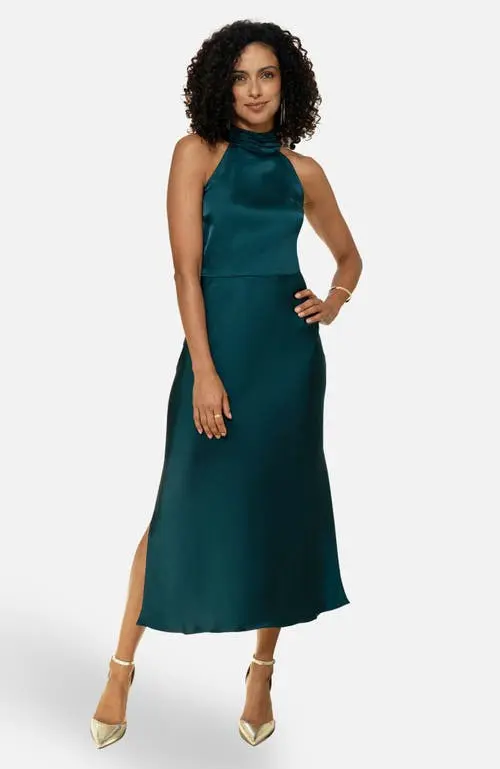 YUMI Satin Halter Neck Midi Dress - Green