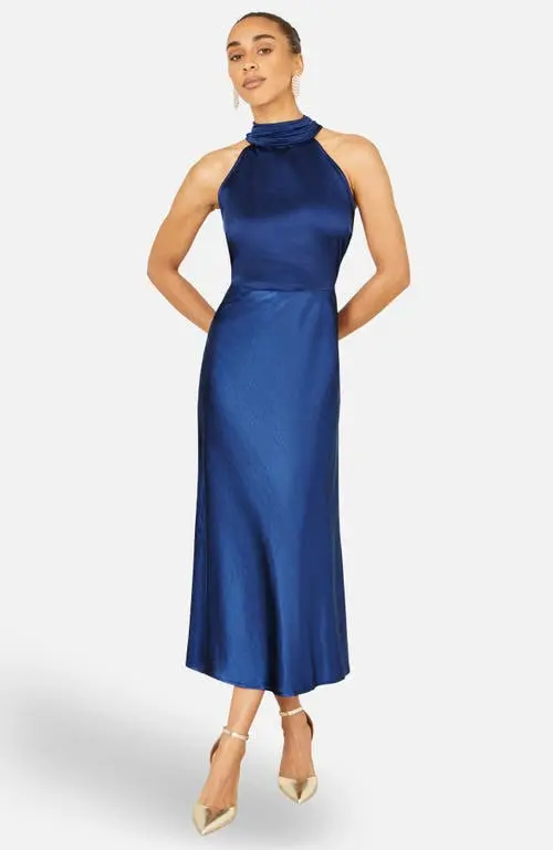 YUMI Satin Halter Neck Midi Dress - Navy