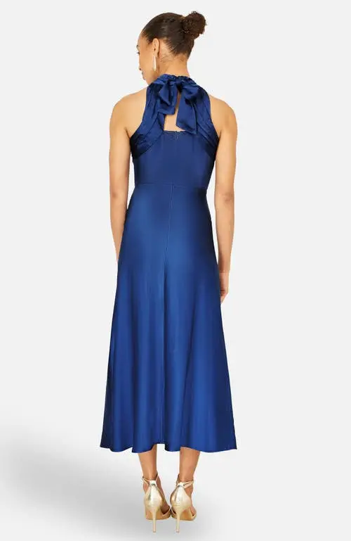 YUMI Satin Halter Neck Midi Dress - Navy