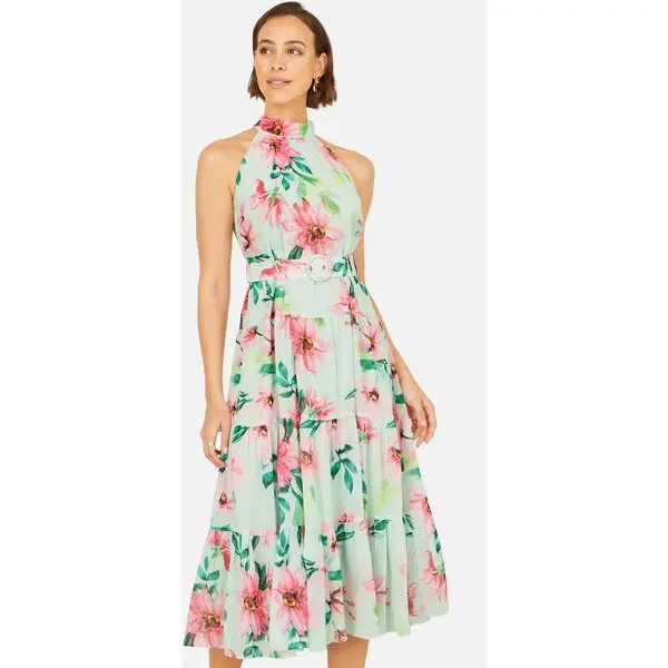YUMI Floral Halter Neck Midi Dress - Mint Green