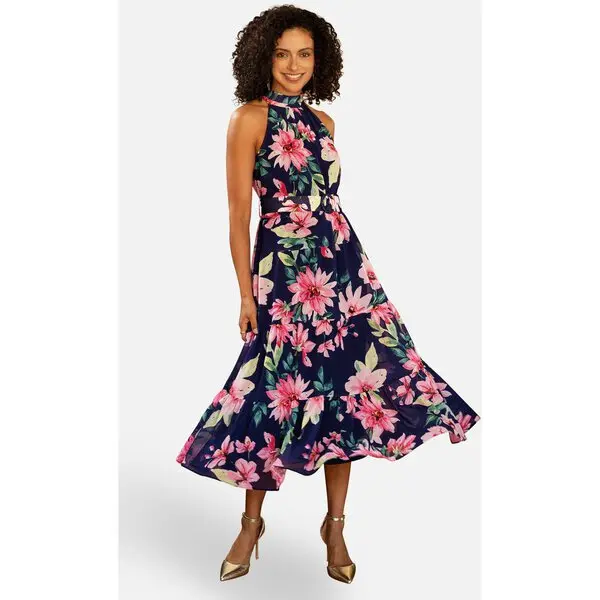 YUMI Floral Halter Neck Midi Dress - Navy