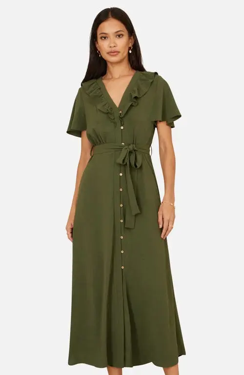 YUMI Ruffle Collar Midi Shirt Dress - Green