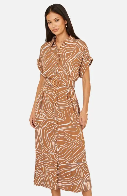 YUMI Abstract Swirl Print Relaxed Midi Dress - Brown