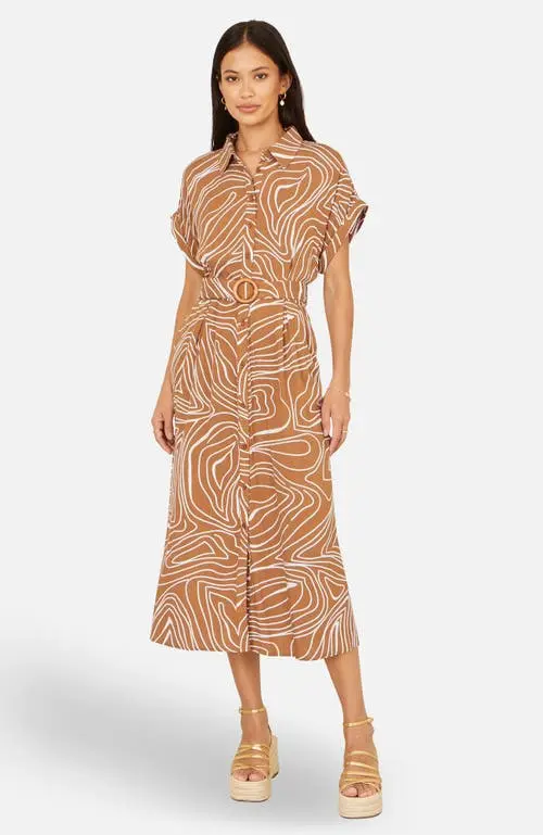 YUMI Abstract Swirl Print Relaxed Midi Dress - Brown