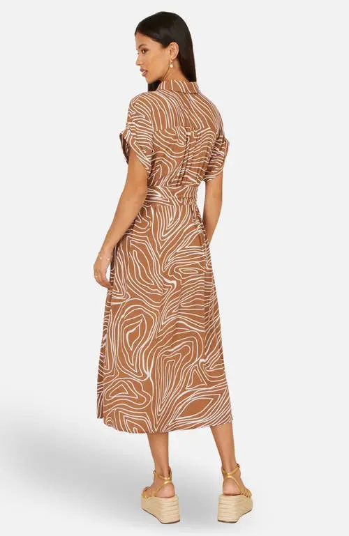 YUMI Abstract Swirl Print Relaxed Midi Dress - Brown