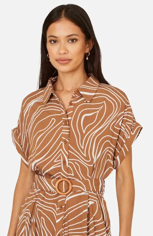 YUMI Abstract Swirl Print Relaxed Midi Dress - Brown