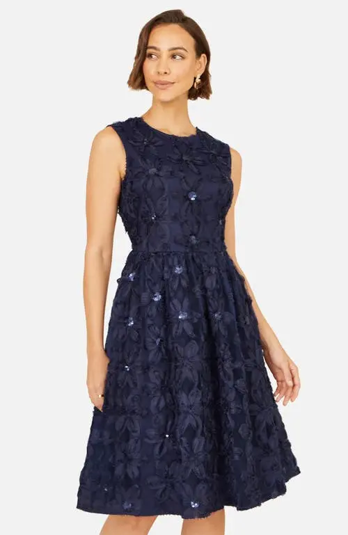YUMI Sequin Floral Applique Skater Dress - Navy