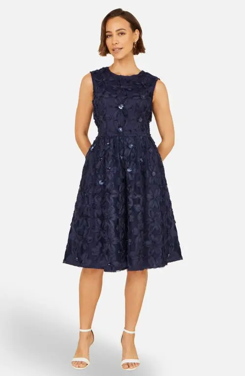 YUMI Sequin Floral Applique Skater Dress