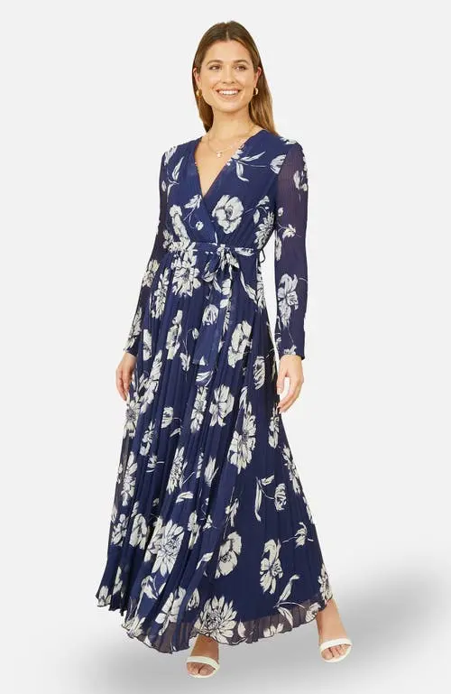 YUMI Floral Pleated Midi Wrap Dress - Navy