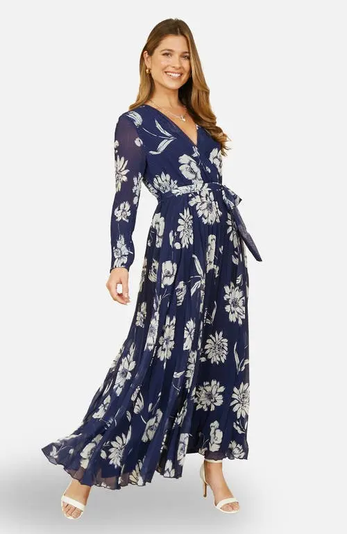 YUMI Floral Pleated Midi Wrap Dress