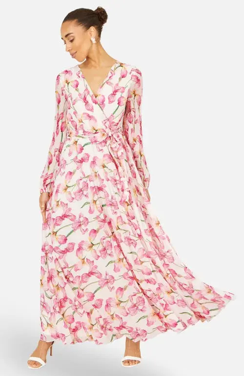YUMI Orchid Floral Pleated Wrap Maxi Dress - Ivory
