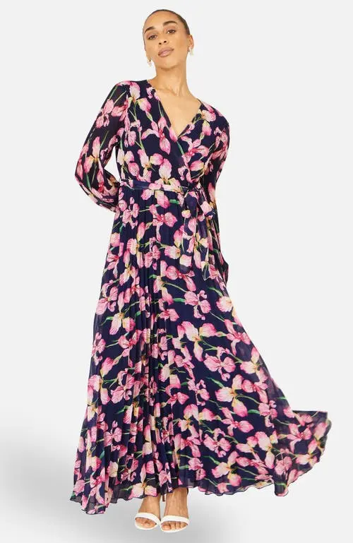 YUMI Orchid Floral Pleated Wrap Maxi Dress - Navy