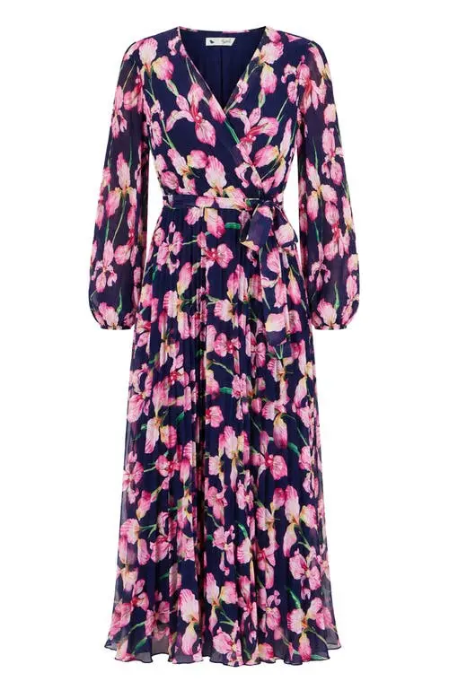 YUMI Floral Pleated Wrap Maxi Dress - Navy
