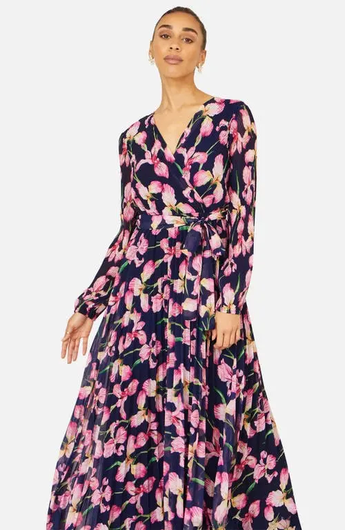 YUMI Floral Pleated Wrap Maxi Dress - Navy