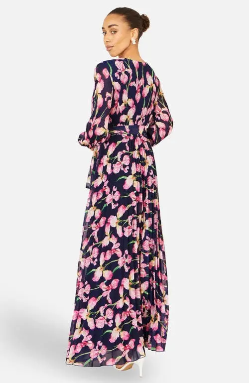 YUMI Floral Pleated Wrap Maxi Dress - Navy