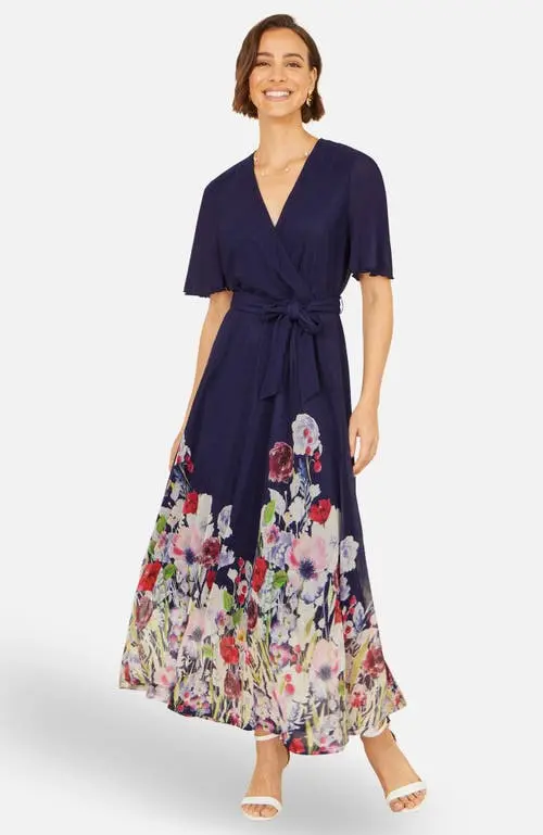 YUMI Mesh Wrap Midi Dress - Navy
