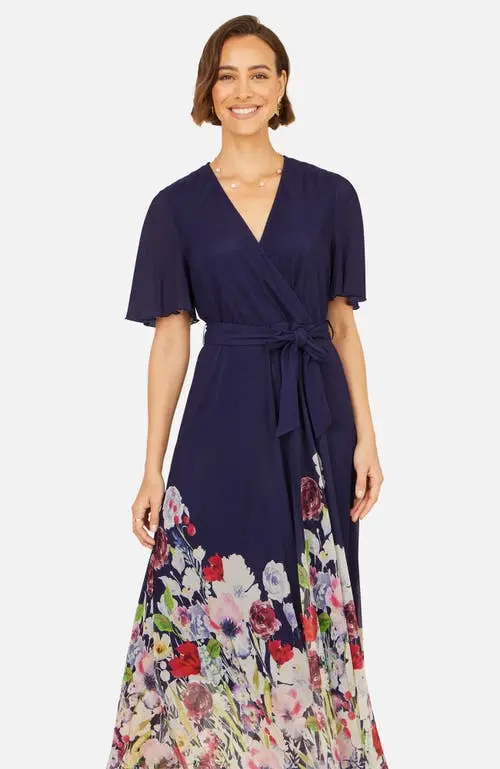 YUMI Mesh Wrap Midi Dress - Navy