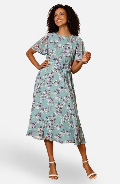 YUMI Blossom Print Midi Skater Dress - Blue