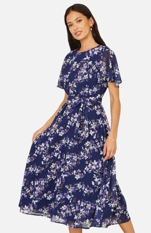 YUMI Blossom Print Midi Skater Dress - Navy