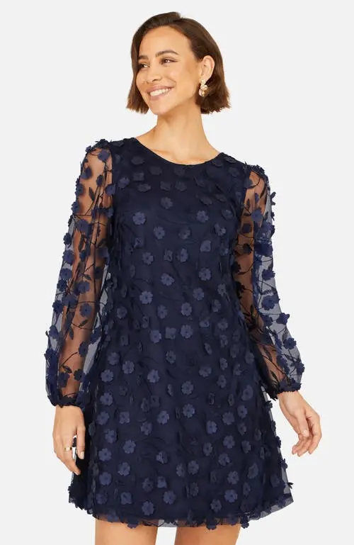 YUMI Long Sleeve Floral Applique Tunic Dress - Navy