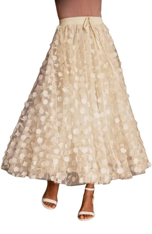 YUMI Floral Appliqué Tulle Midi Skirt - Ivory