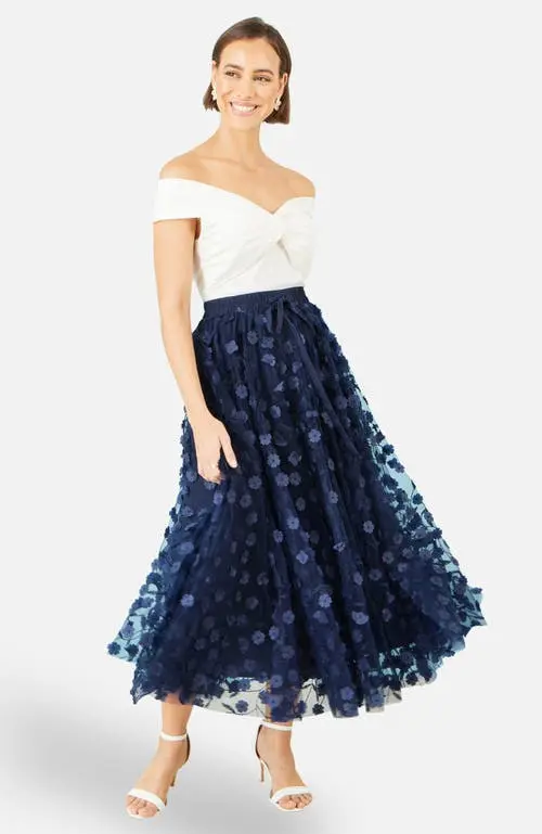 YUMI Floral Appliqué Tulle Midi Skirt - Navy