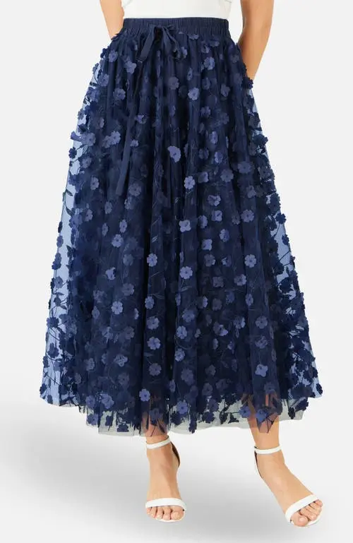YUMI Floral Appliqué Tulle Midi Skirt - Navy