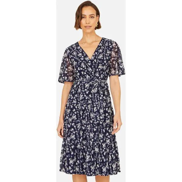 YUMI Floral Mesh Wrap Midi Dress - Navy