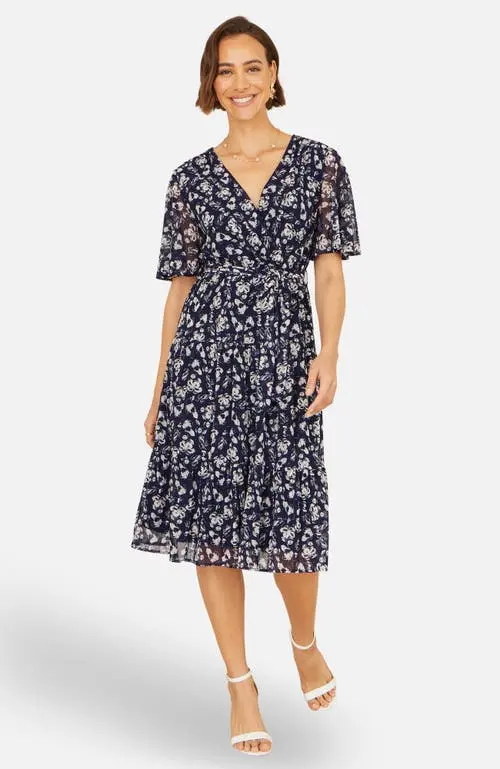 YUMI Floral Mesh Wrap Midi Dress - Navy