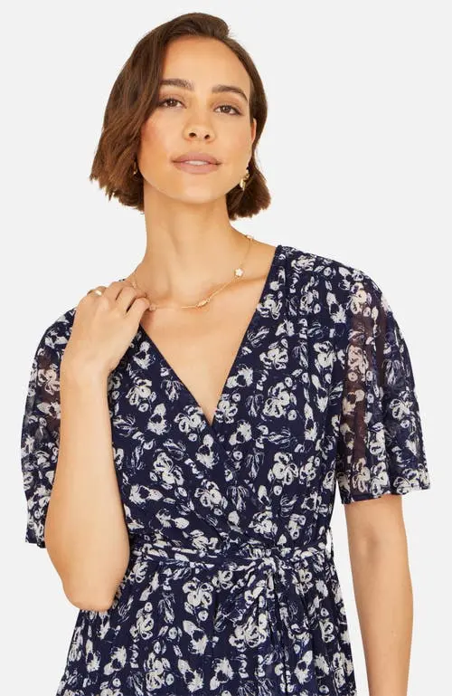 YUMI Floral Mesh Wrap Midi Dress - Navy