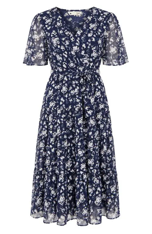 YUMI Floral Mesh Wrap Midi Dress