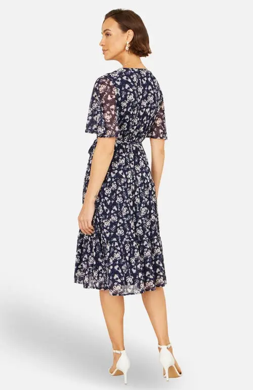 YUMI Floral Mesh Wrap Midi Dress