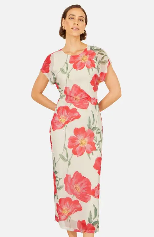 YUMI Poppy Print Mesh Midi Dress - Ivory
