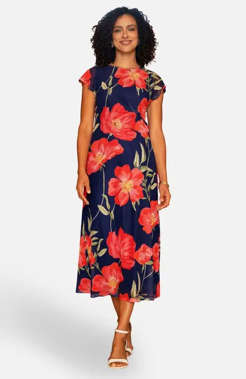 YUMI Poppy Print Mesh Midi Dress - Navy