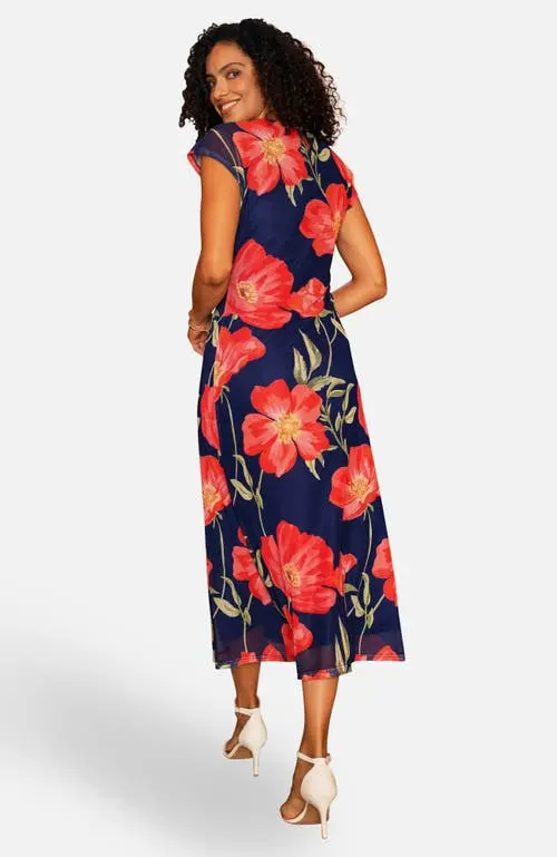 YUMI Poppy Print Mesh Midi Dress - Navy