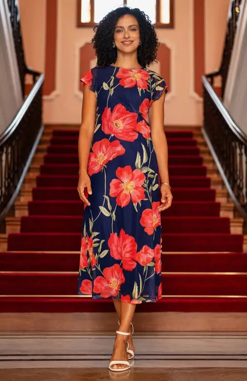 YUMI Poppy Print Mesh Midi Dress - Navy